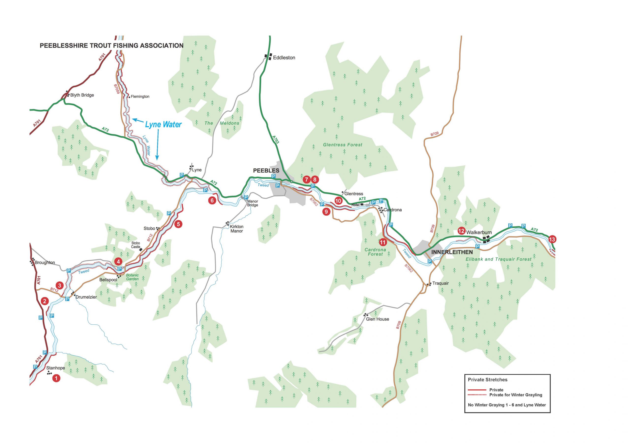 Beat Map showing areas of the River Tweed and River Lyne in Scotland ...